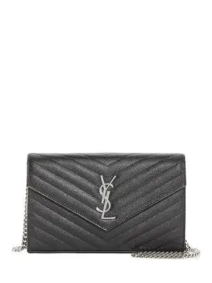 Saint Laurent Classic Cassandre Chain Wallet Black Grain/silver
