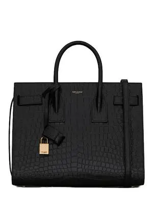 Saint Laurent Sac De Jour Medium In Supple Grained Leather Black Croc/gold