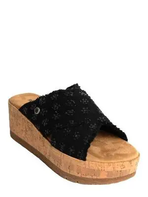 Minnetonka Minnetonka Posey Platform Wedge Slide Sandal Black Distressed Denim