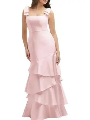 Dessy Collection Bow Shoulder Tiered Gown - Ballet Pink