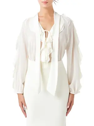Endless Rose Sheer Ruffle Tie Shirt - Cream