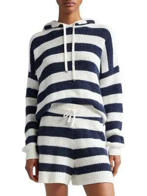 Eleventy Stripe Cotton And Linen Blend Sweater Hoodie - White And Navy
