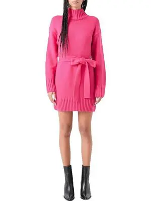 GREY LAB Tie Belt Long Sleeve Sweater Mini Dress - Fuchsia
