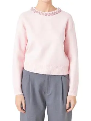 Endless Rose Embellished Crewneck Sweater - Light Pink