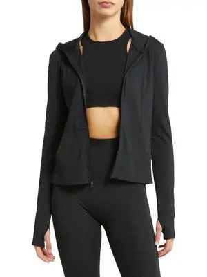 Beyond Yoga Beyond Yoga Heather Rib Zip-Up Hooded Jacket Black Heather