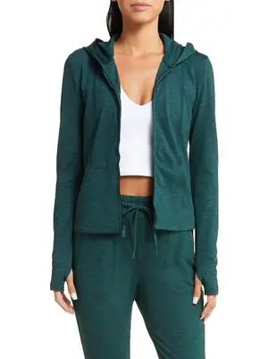 Beyond Yoga Beyond Yoga Heather Rib Zip-Up Hooded Jacket Midnight Green Heather Rib