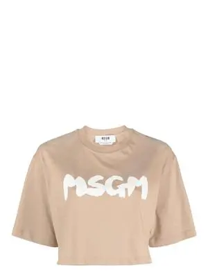 MSGM Cropped Logo-Print Cotton T-Shirt Brown