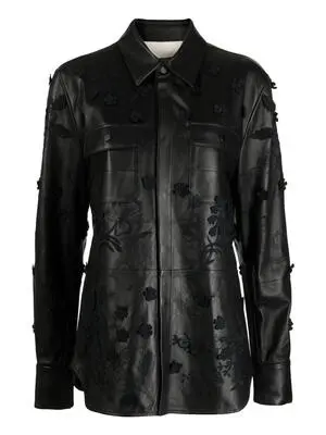 ELIE SAAB Floral-embroidered Leather Shirt Jacket