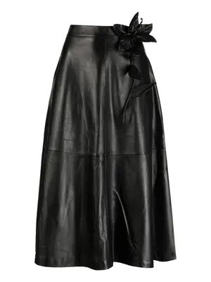 Elie Saab Floral-embroidered Leather Midi Skirt - Black