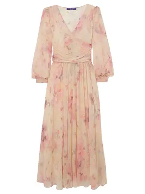 Ralph Lauren Skielar Wrap-effect Printed Plissé Silk-georgette Dress - Pink