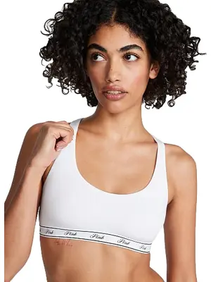 Pink Logo Cotton Racerback Bralette - White,ivory