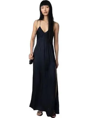 Zadig&Voltaire Pleated Rayon Satin Maxi Dress - Navy