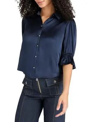 Cinq À Sept Fiona Ruffle Cuff Silk Button-up Shirt - Navy