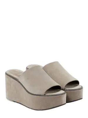 Brunello Cucinelli Suede Platform Slides - Grey
