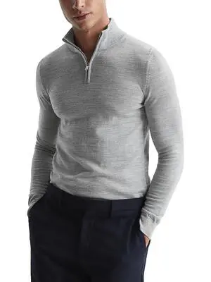 REISS Blackhall Merino Wool Slim-Fit Quarter-Zip Mock Neck Sweater Soft Gray