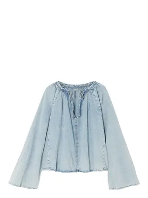 FRAME Gathered Cotton And Linen-blend Chambray Blouse - Blue