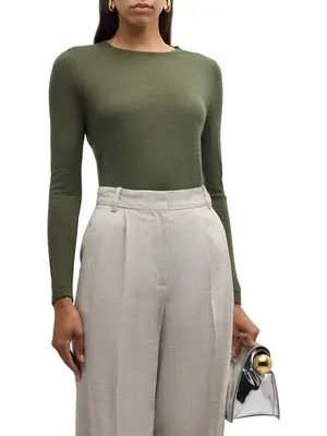 Neiman Marcus Neiman Marcus Cashmere Collection Crewneck Top Olive