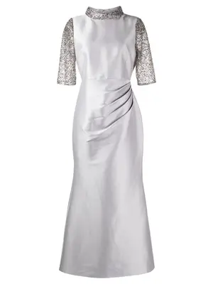 Badgley Mischka Beaded Pleated Crepe Gown - Grey