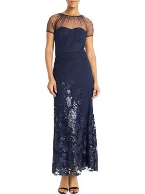 Maggy London Floral Appliqué Mesh Gown - Navy
