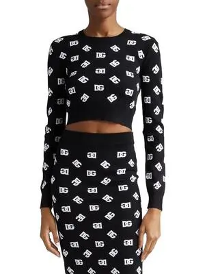 Dolce & Gabbana Logo Jacquard Crop Crewneck Sweater - N0004nero/ Bianco