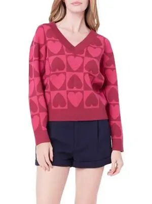 English Factory Heart V-neck Pullover Sweater - Pink Multi