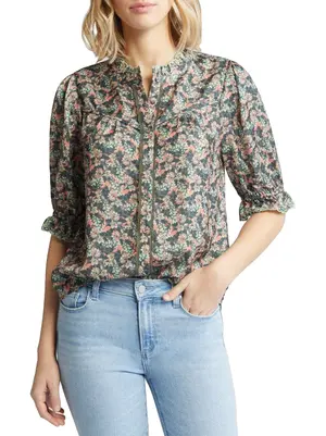 Wit & Wisdom Wit & Wisdom Print Ruffle Eyelet Shirt Coral Multi