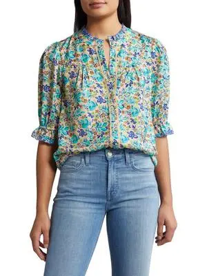 Wit & Wisdom Wit & Wisdom Print Ruffle Eyelet Shirt Island Sky/macadamia Nut