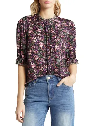 Wit & Wisdom Wit & Wisdom Print Ruffle Eyelet Shirt Sunset Purple