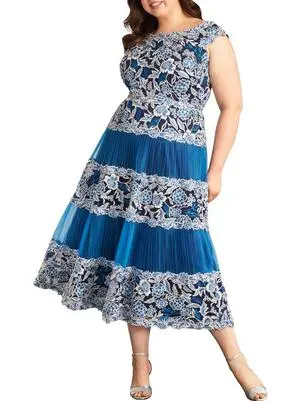 Tadashi Shoji Floral Embroidery Pleated Midi Dress - Pacific Blue