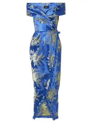 Etro Off-the-shoulder Fringed Floral-brocade Midi Wrap Dress - Blue