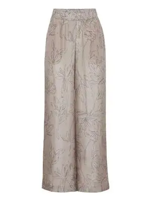 Brunello Cucinelli Leaf-print Silk Trousers - Brown