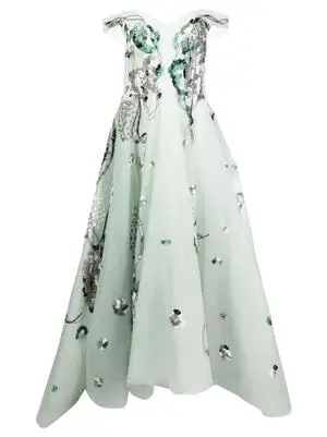 SAIID KOBEISY Off-shoulder Tulle Gown - Green