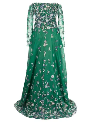 SAIID KOBEISY Beaded Off-shoulder Tulle Dress - Green