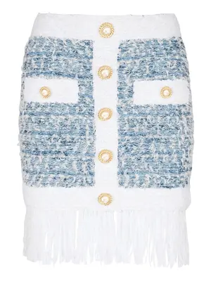 Balmain Tweed Mini Skirt With Fringe - Blue