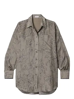 Brunello Cucinelli Floral-print Silk-charmeuse Shirt - Green