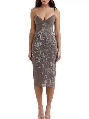 House Of Cb Blanca Rhinestone Cocktail Midi Dress - Pebble Grey