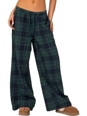 EDIKTED Lounge Around Plaid Wide Leg Pants - Navy