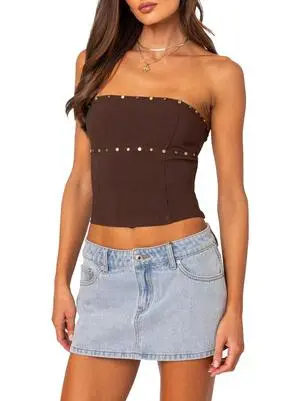 EDIKTED Darcy Stud Lace Up Crop Corset Top - Brown