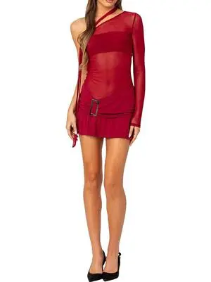 EDIKTED One-shoulder Sheer Mini Dress - Red