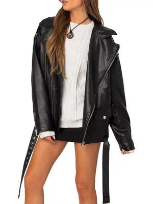 EDIKTED Wrenley Oversized Faux Leather Moto Jacket - Black