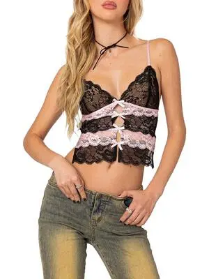 EDIKTED Cara Sheer Lace Tie Back Camisole - Black-and-pink