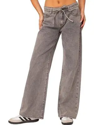 EDIKTED Tie Belt Wide Leg Jeans - Light-gray