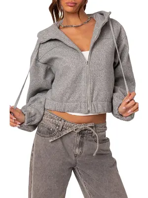 EDIKTED Textured Crop Hooded Jacket - Gray Melange