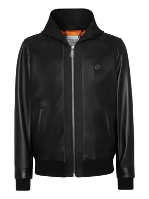 Philipp Plein Leather Hooded Bomber Jacket - Black