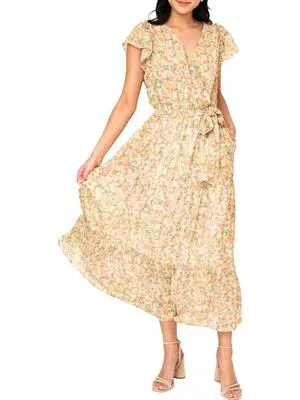 GIBSONLOOK Floral Flutter Sleeve Midi Dress - Yellow Multi Floral