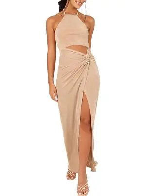PETAL & PUP Scarlette Halter Maxi Dress - Gold