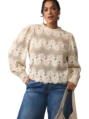 DOLAN LEFT COAST Mock-Neck Lace Blouse White
