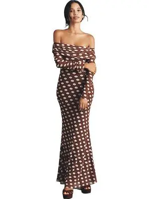 AFRM Long-sleeve Off-the-shoulder Mesh Maxi Dress - Chocolate Halo Dot