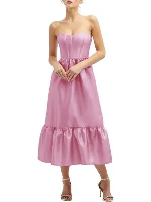Dessy Collection Corset Ruffle Hem Strapless Satin Midi Dress - Powder Pink