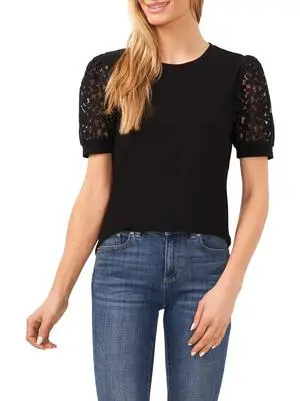 CECE DUPRAZ Lace Puff Sleeve Knit Top - Rich Black